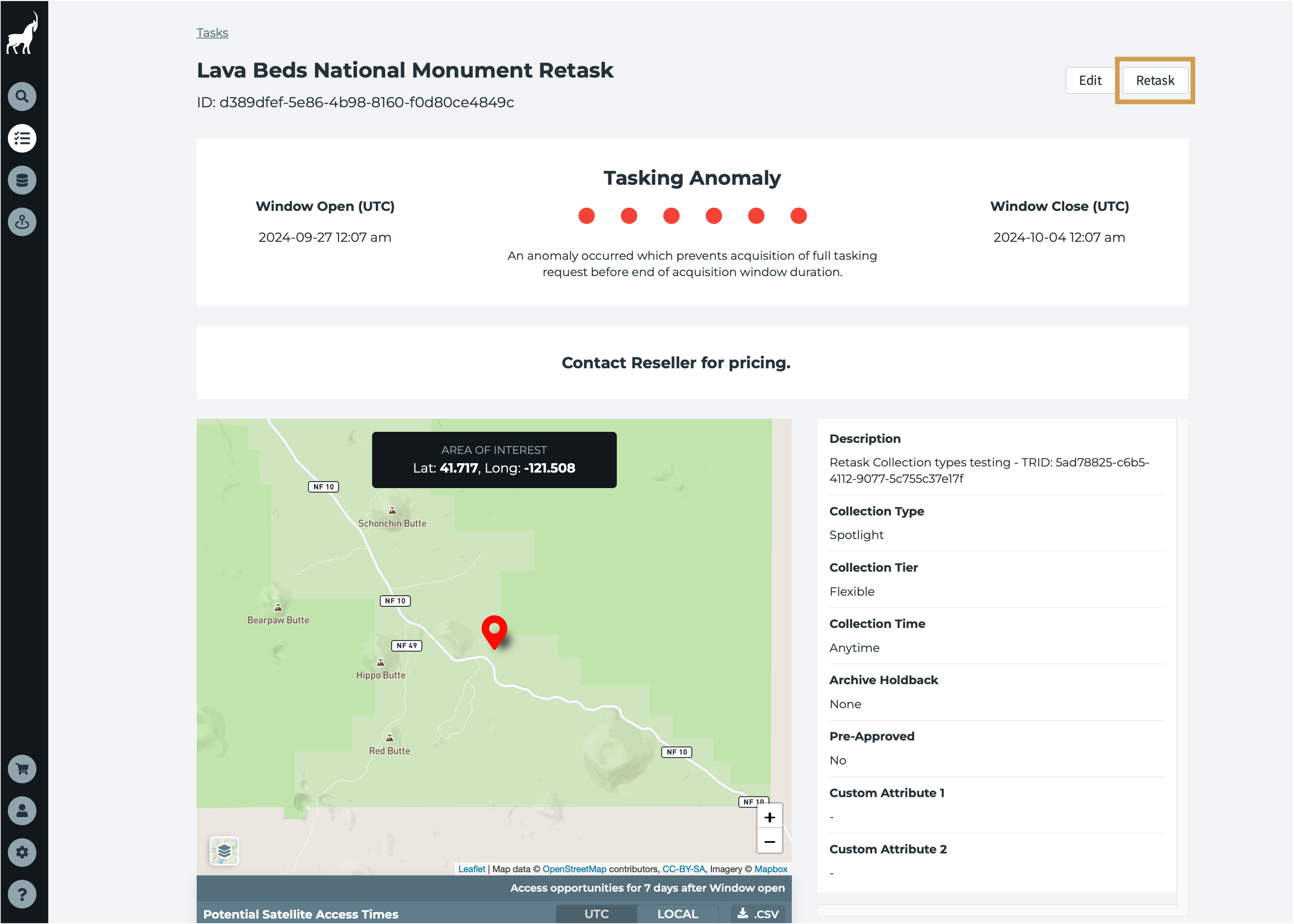 Retask an existing tasking request in Console